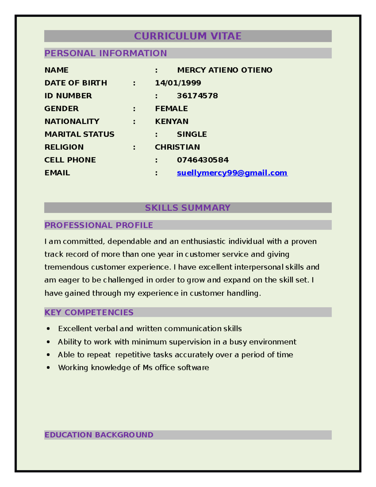Mercy CV - why - CURRICULUM VITAE PERSONAL INFORMATION NAME : MERCY ...