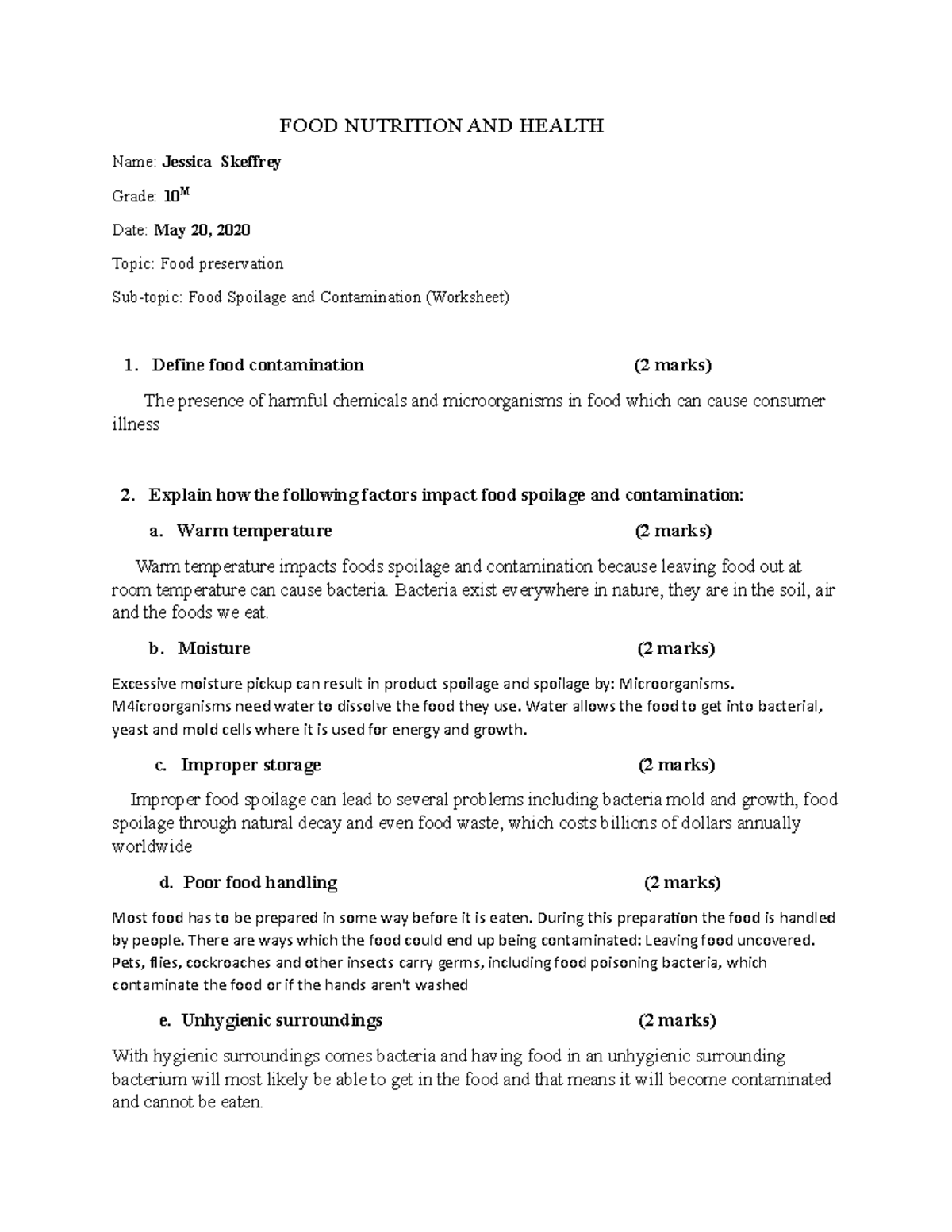 Food spoilage and contamination(worksheet) - FOOD NUTRITION AND HEALTH ...