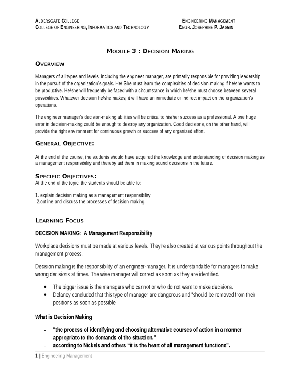 Module 3 Decision Making - COLLEGE OF ENGINEERING, INFORMATICS AND ...