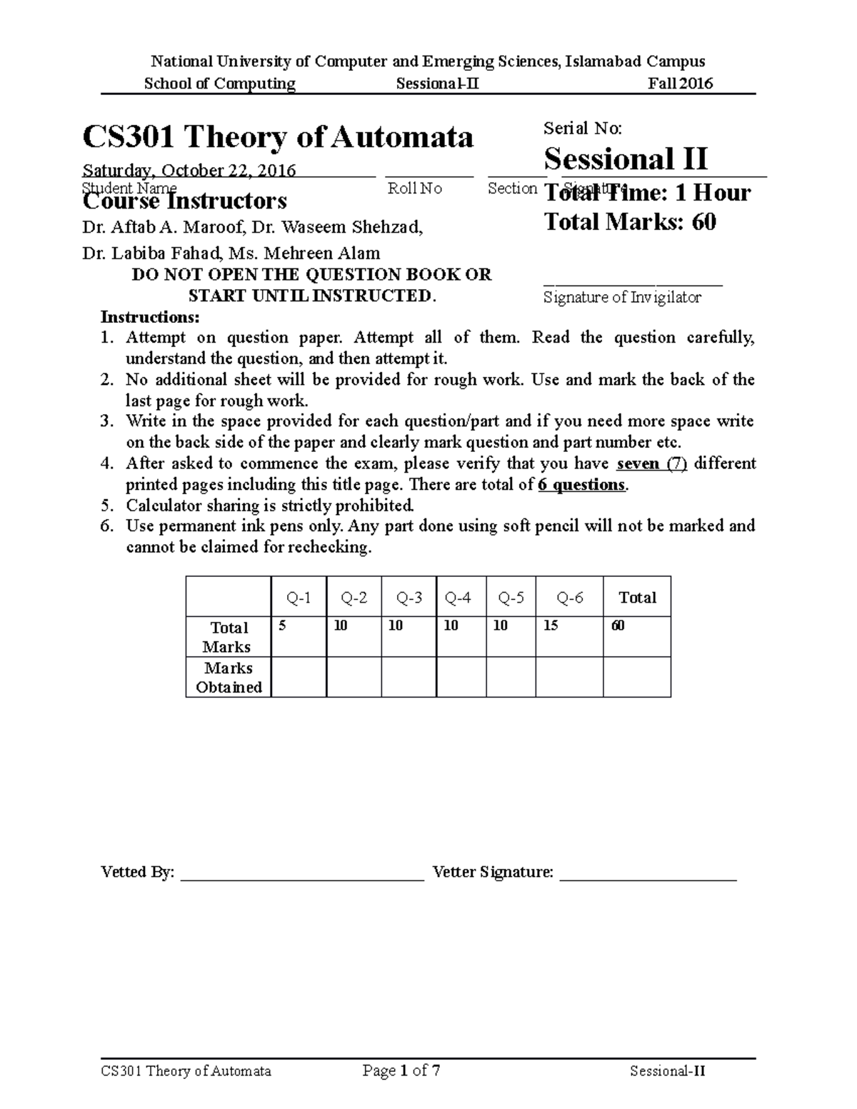 Exam 2016 - School of Computing Sessional-II Fall 2016