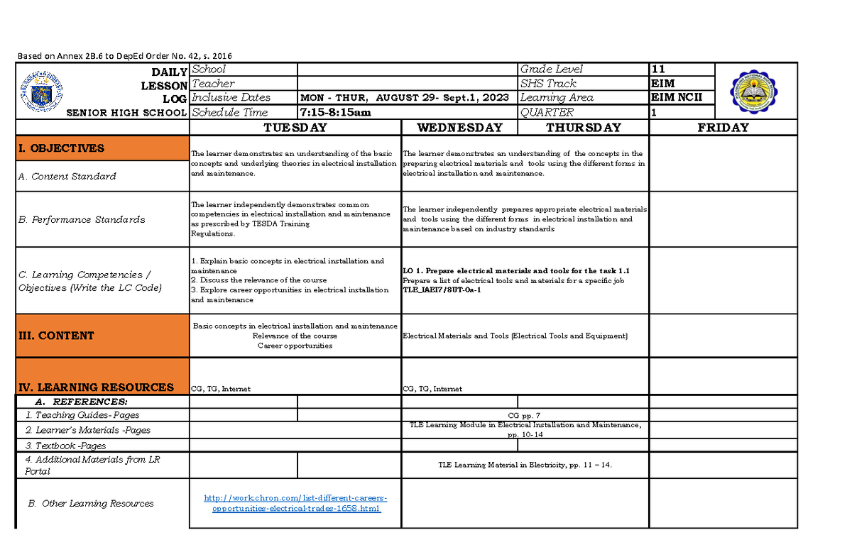 EIM DLL Grade 11 WEEK 1 - GOODLUCK - School Grade Level 11 Teacher SHS ...