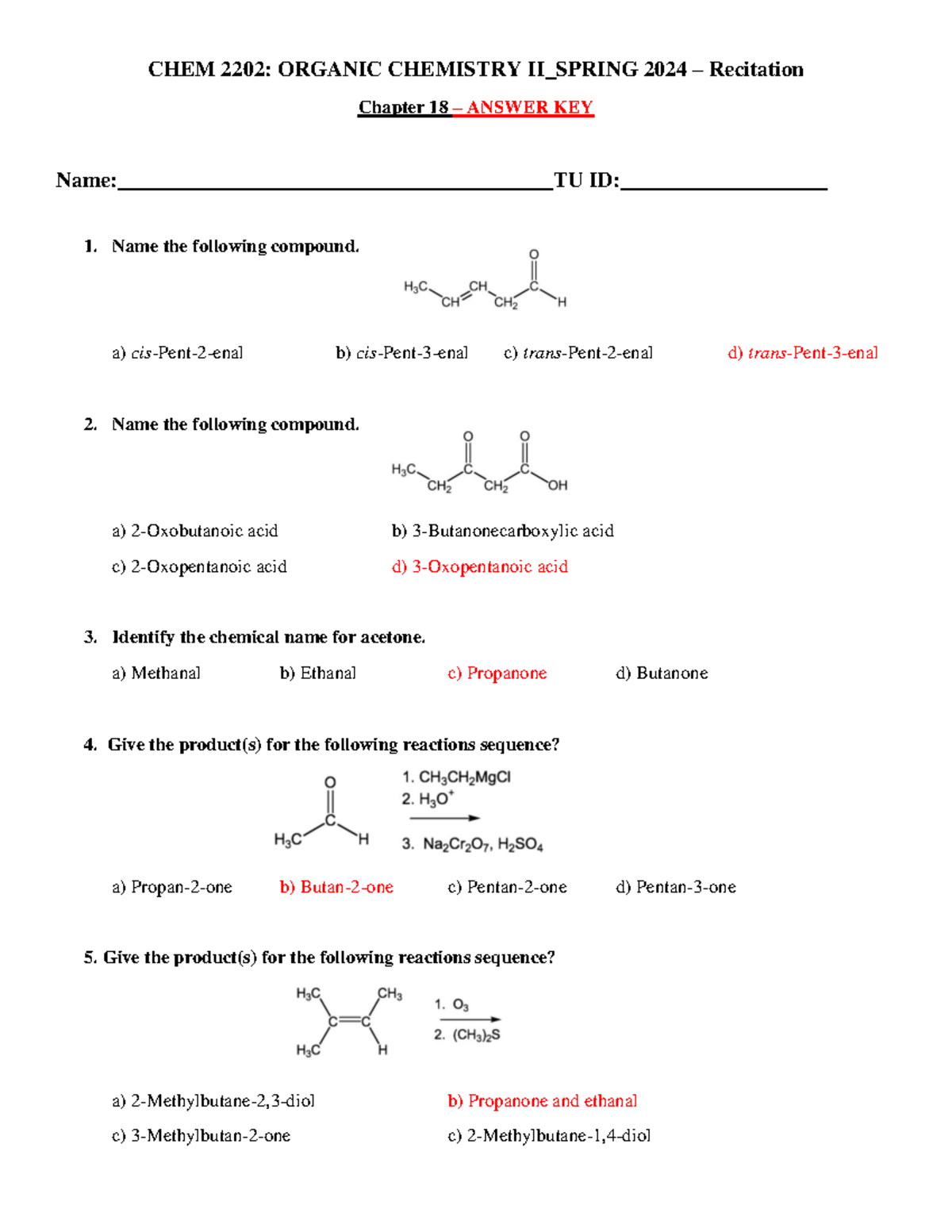 CHEM 2202 Spring 2024 - Recitation chapter 18 questions - Answer KEY - CHEM 220 2 : ORGANIC ...