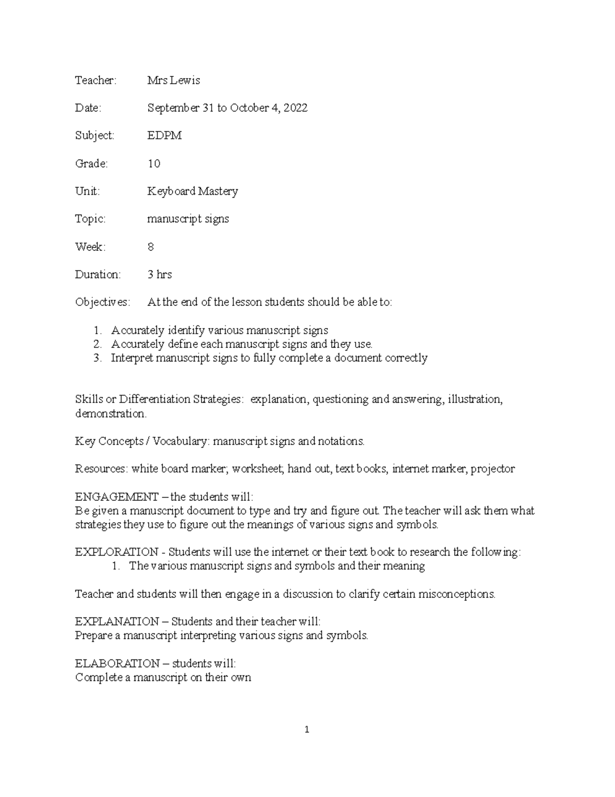 Manuscript - Teacher: Mrs Lewis Date: September 31 to October 4, 2022 ...