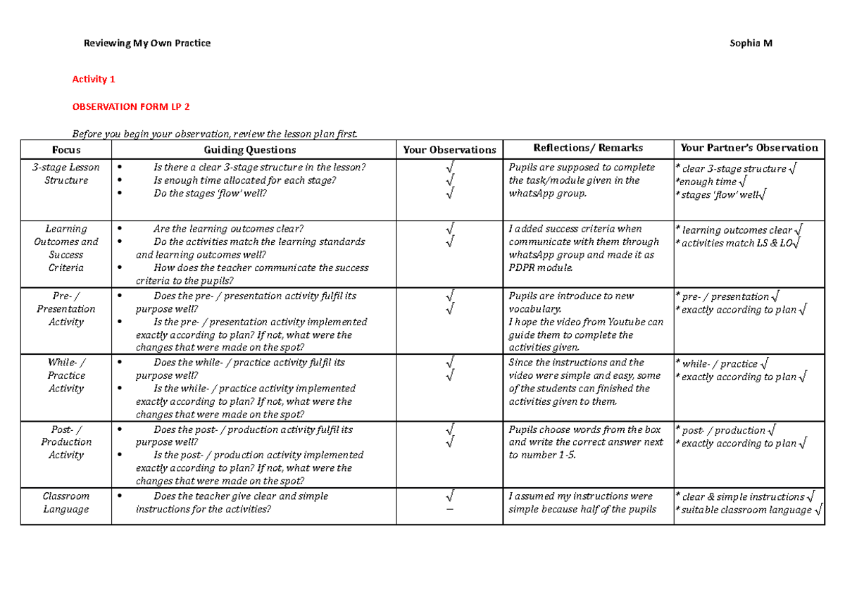 Activity 1 Observation Form Sophia LP 2 Feedback frm Pang - Reviewing ...