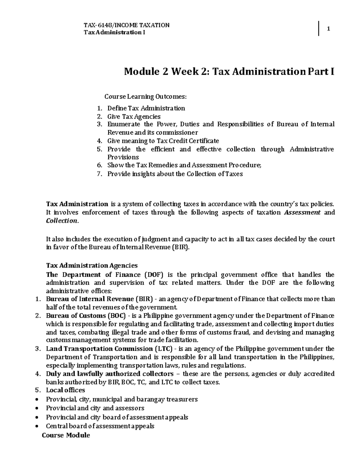 W2 Module 2Tax Administration Part I - TAX-6148/INCOME TAXATION Tax Administration I 1 Course ...