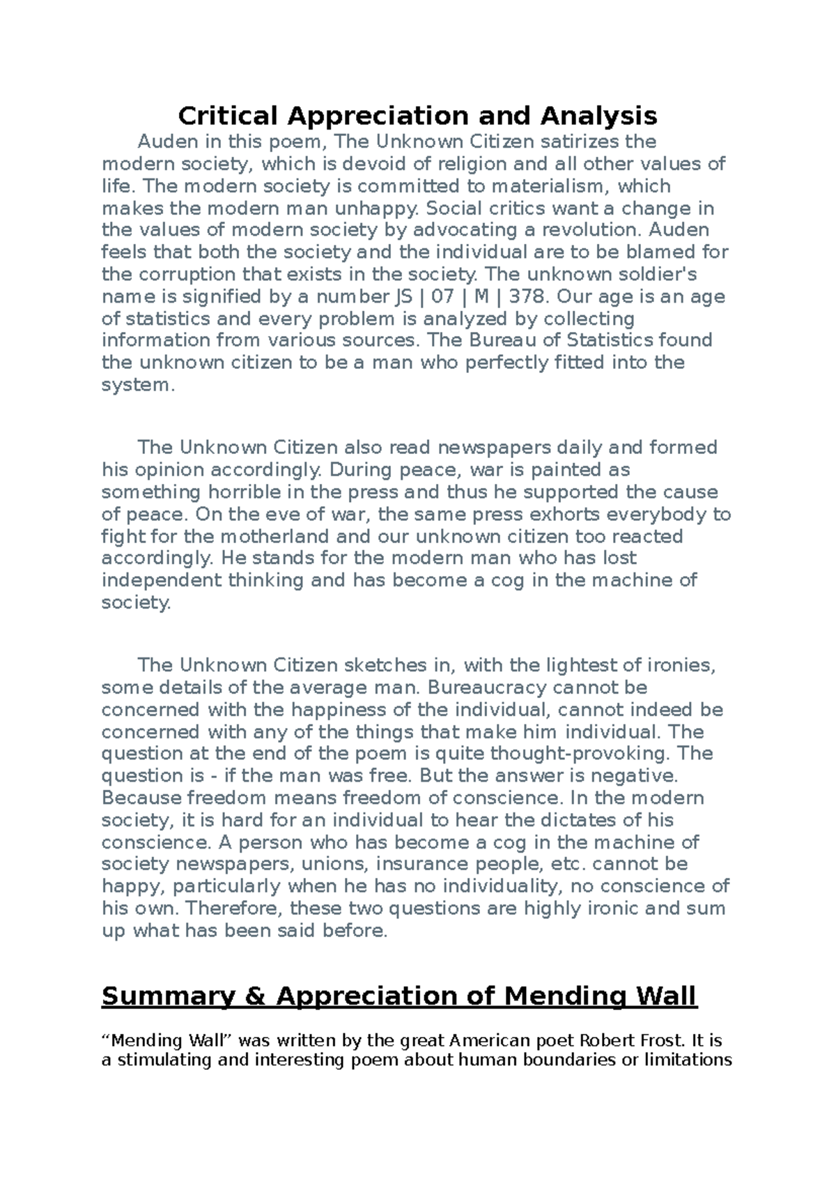 Critical Appreciation and Analysis - The modern society is committed to ...