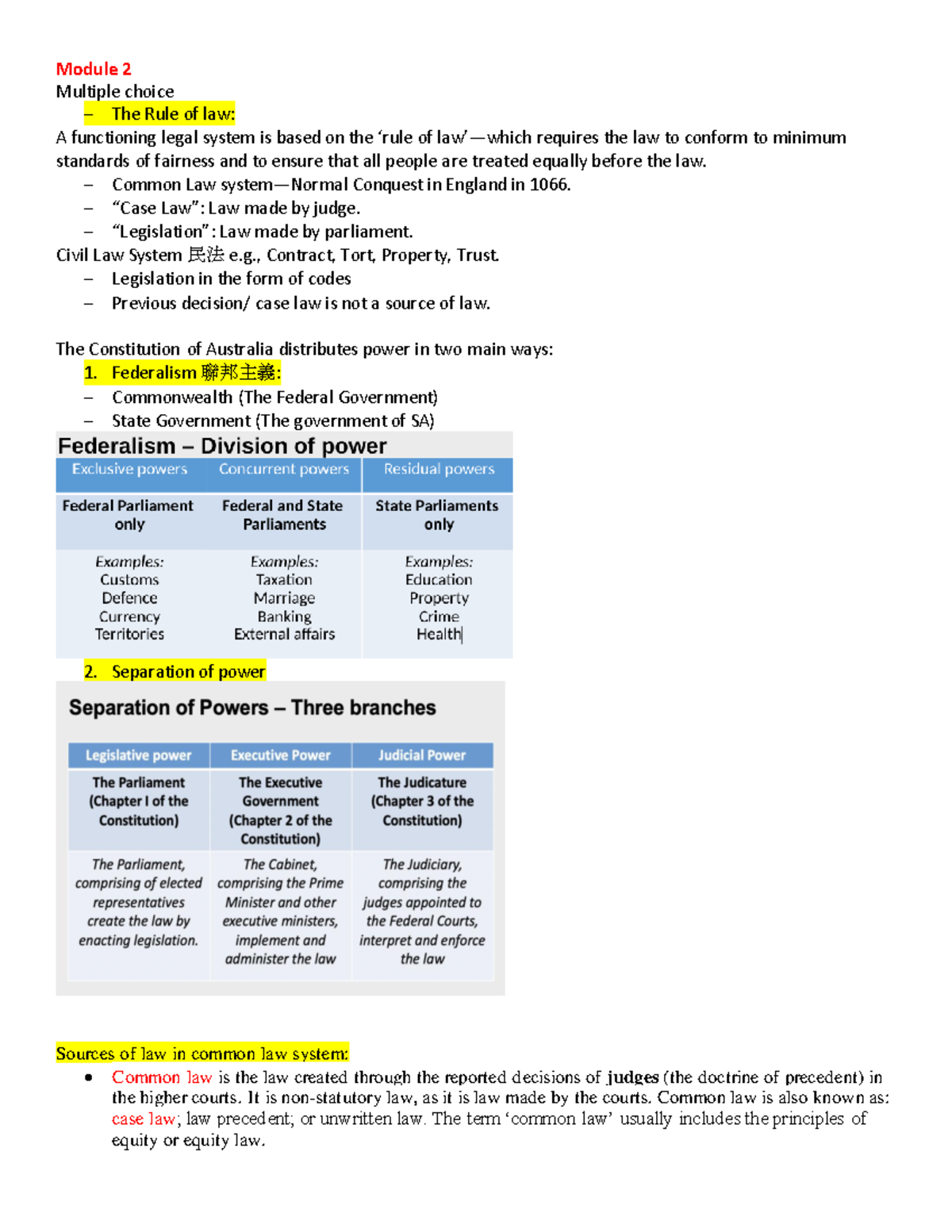 Law notes Advance Version for final exam - Module 2 Multiple choice − ...