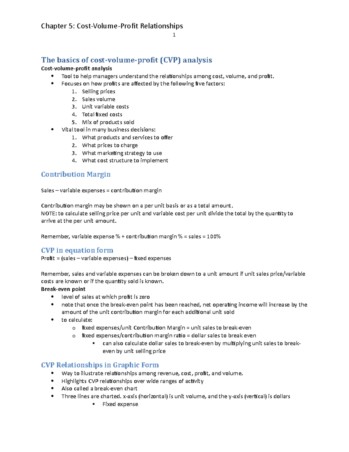 CVP Relationships Notes - 1 The basics of cost-volume-profit (CVP ...