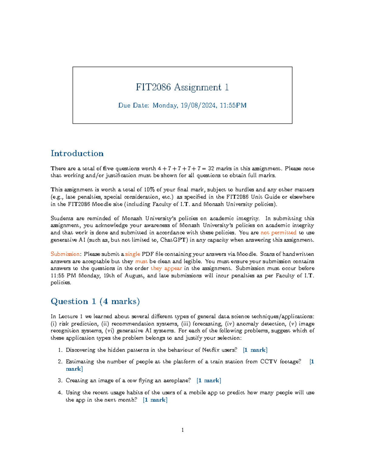 FIT2086 Assignment 1 (2024) - FIT2086 Assignment 1 Due Date: Monday, 19/08/2024, 11:55PM - Studocu