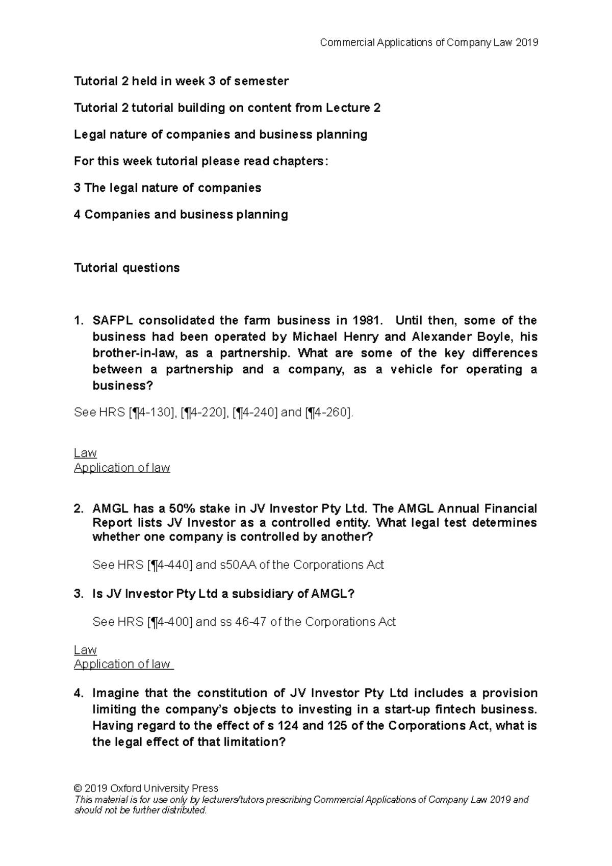 2020 Tutorial 2 - Tut questions for week 2 - Commercial Applications of ...