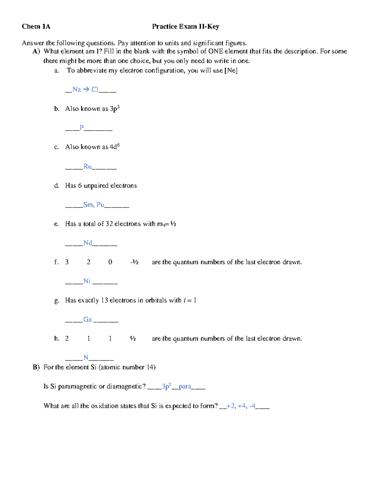 Chem 1A Practice Exam II-KEY-Version B-1 - Chem 1A Practice Exam II-Key ...