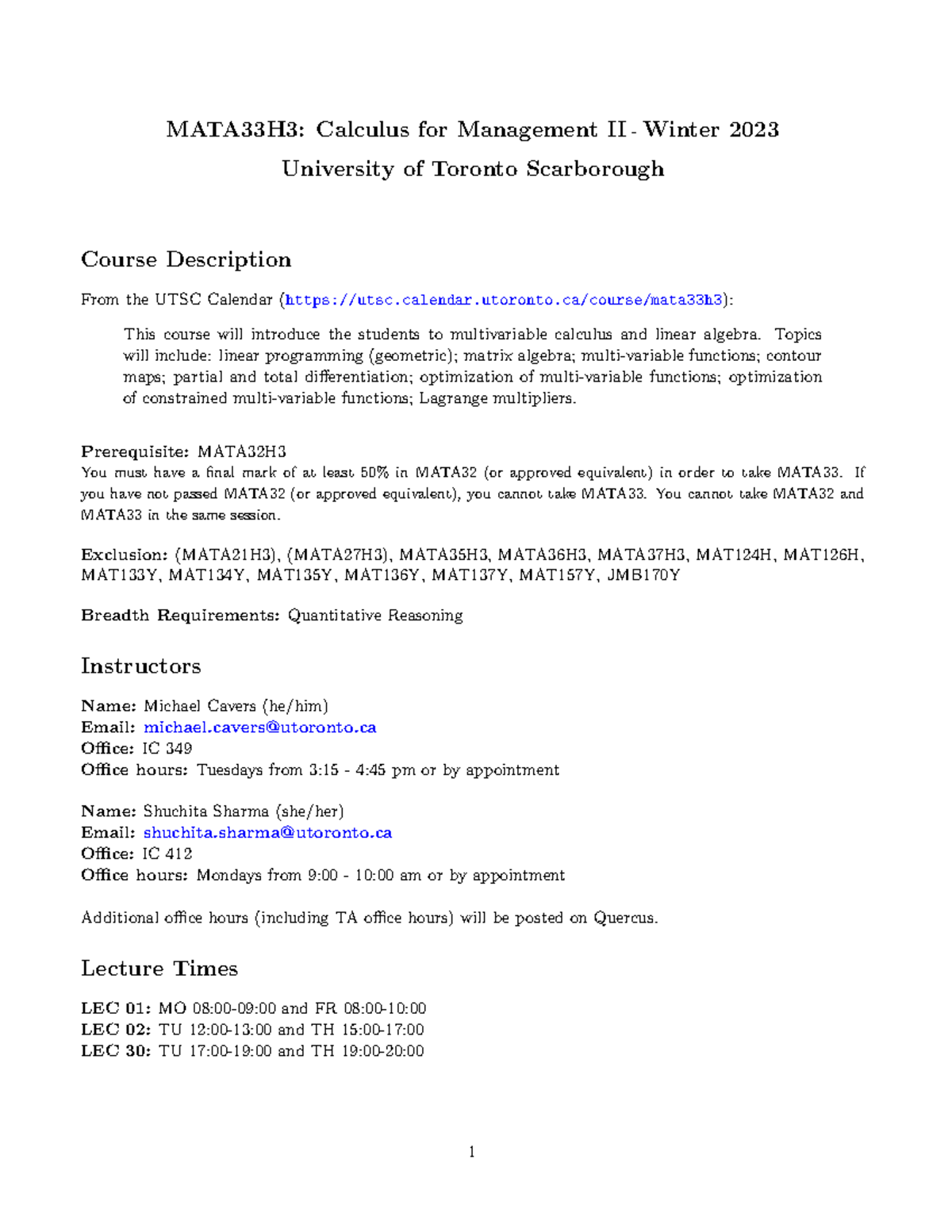 MATA33 Winter 2023 Syllabus - MATA33H3: Calculus for Management II ...