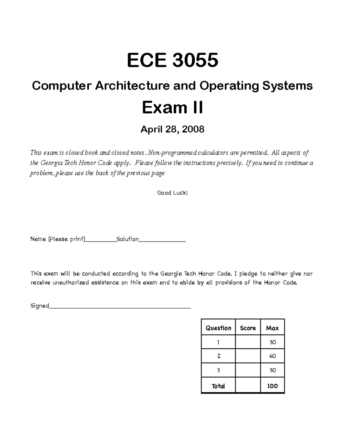 Test2soln - Exam Practice - ECE 3055 Computer Architecture and ...