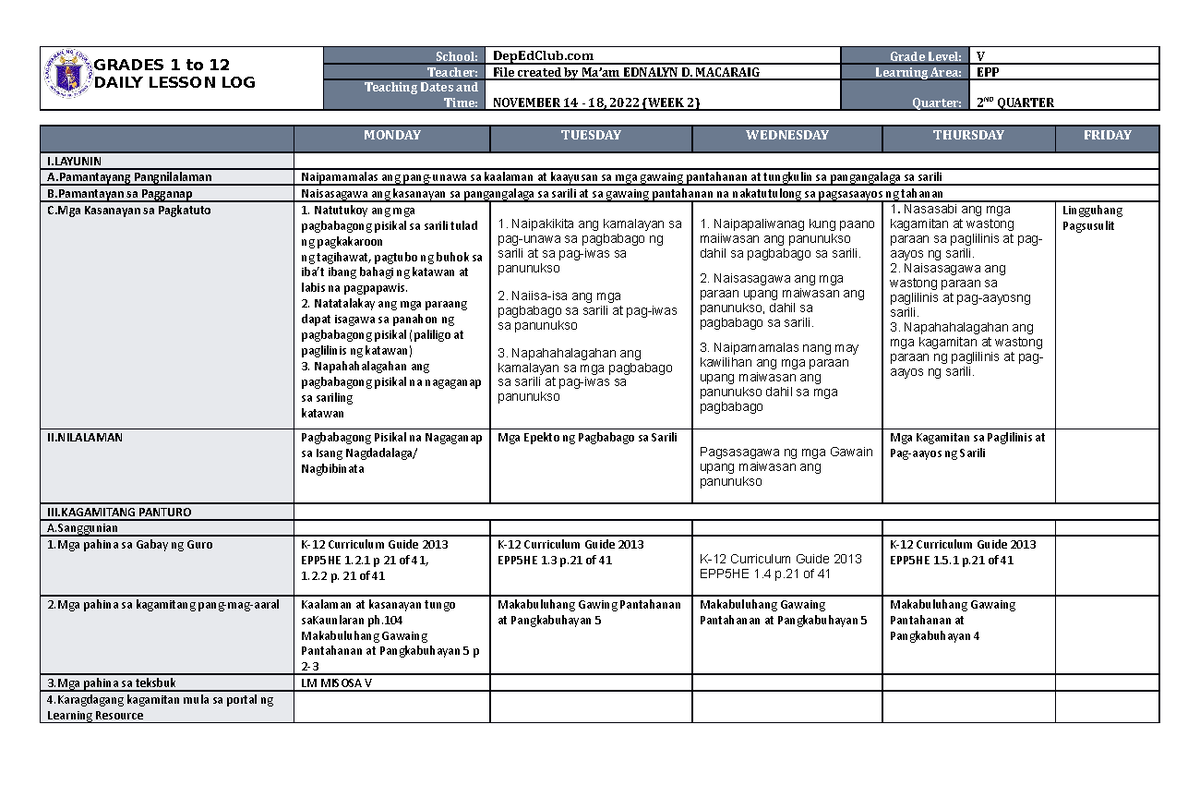 DLL EPP 5 Q3 W2 - none - GRADES 1 to 12 DAILY LESSON LOG School: DepEdClub Grade Level: V ...
