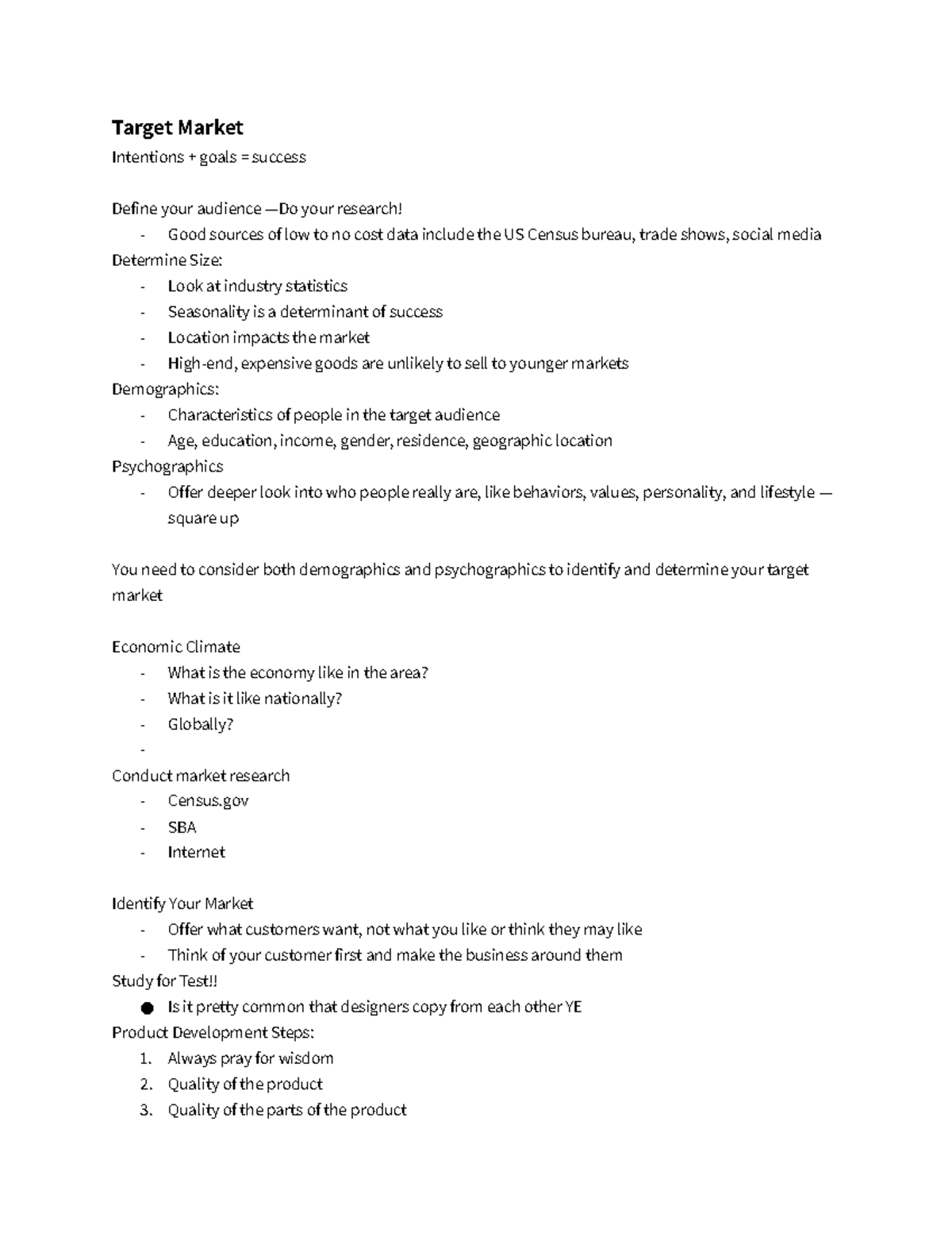 Target Market - In class notes - Target Market Intentions + goals ...