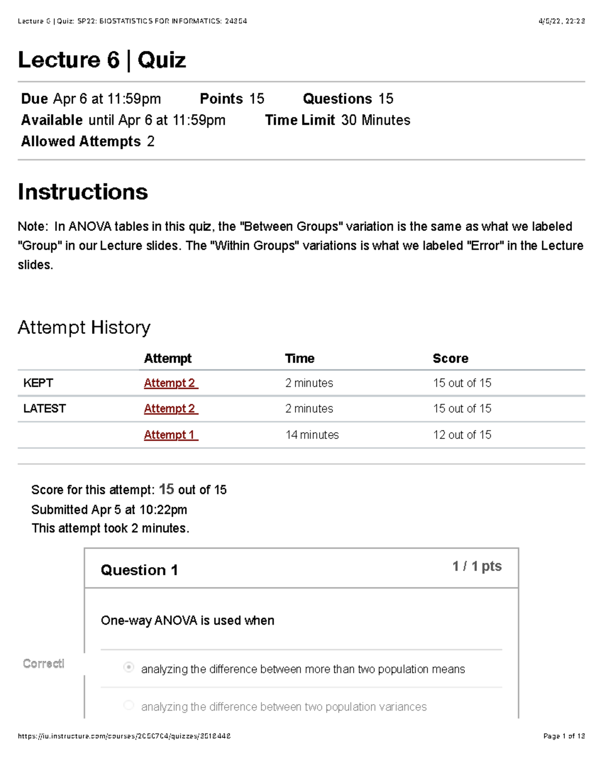 Lecture 6 Quiz: SP22: Biostatistics FOR Informatics: 24354 - Lecture 6 | Quiz Due Apr 6 at 11 ...