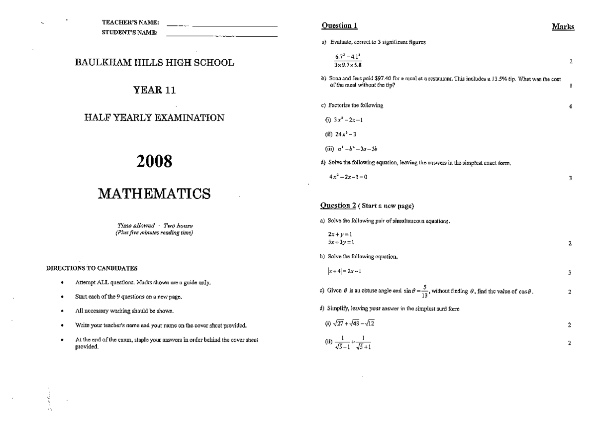 Baulkham Hills 2008 2U Prelim HY & Solutions - Math -0842-June_2010 - Studocu