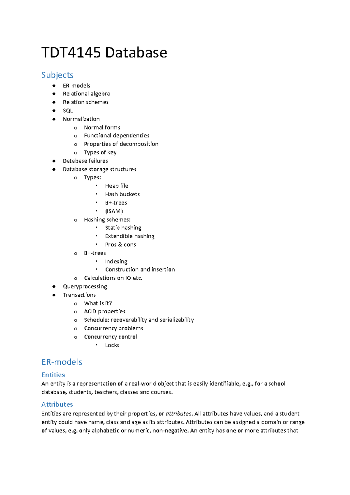 TDT4145 Datamodellering og databasesystemer - TDT4145 Database Subjects ER-models Relational ...