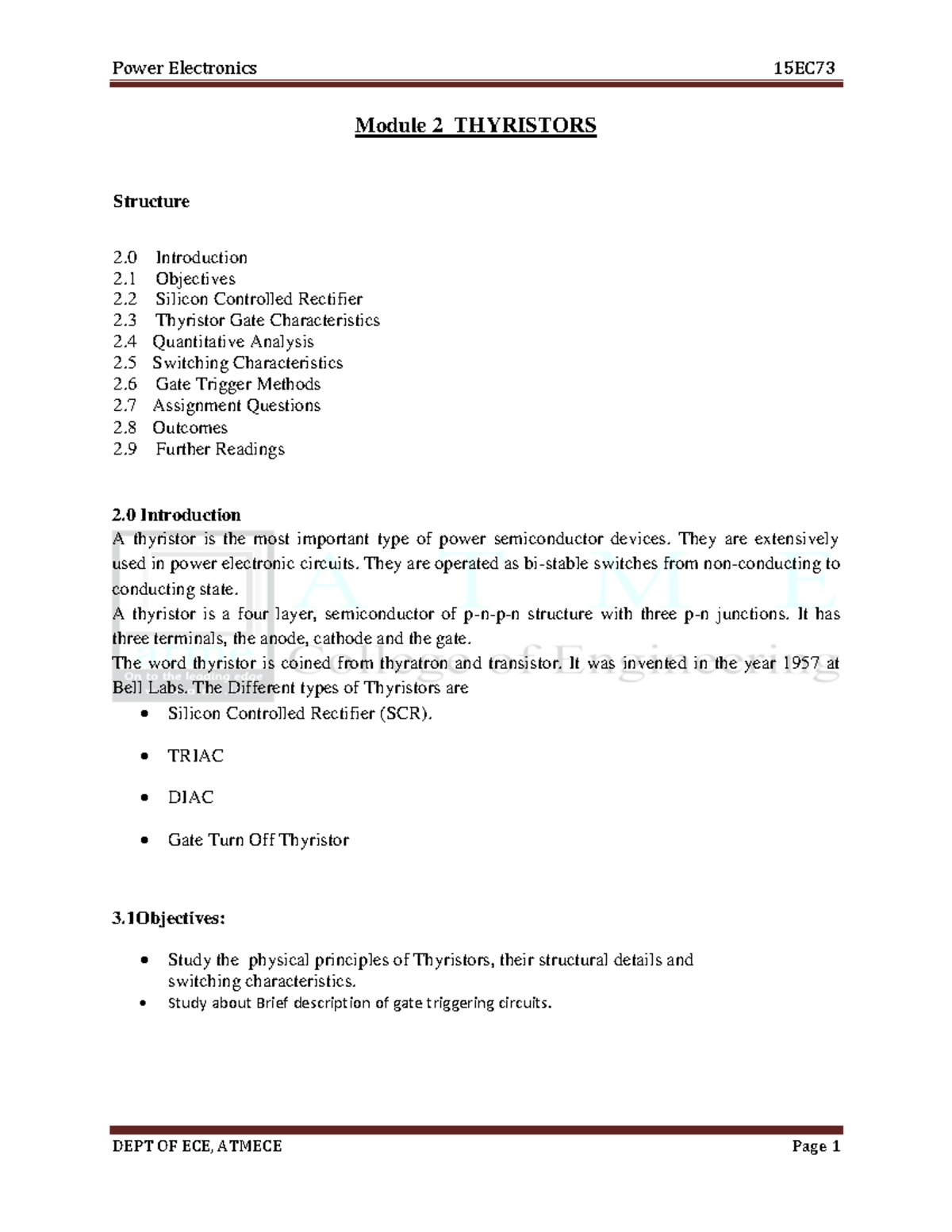 vtu power electronics 17ec73 - Module 2 THYRISTORS Structure 2 ...