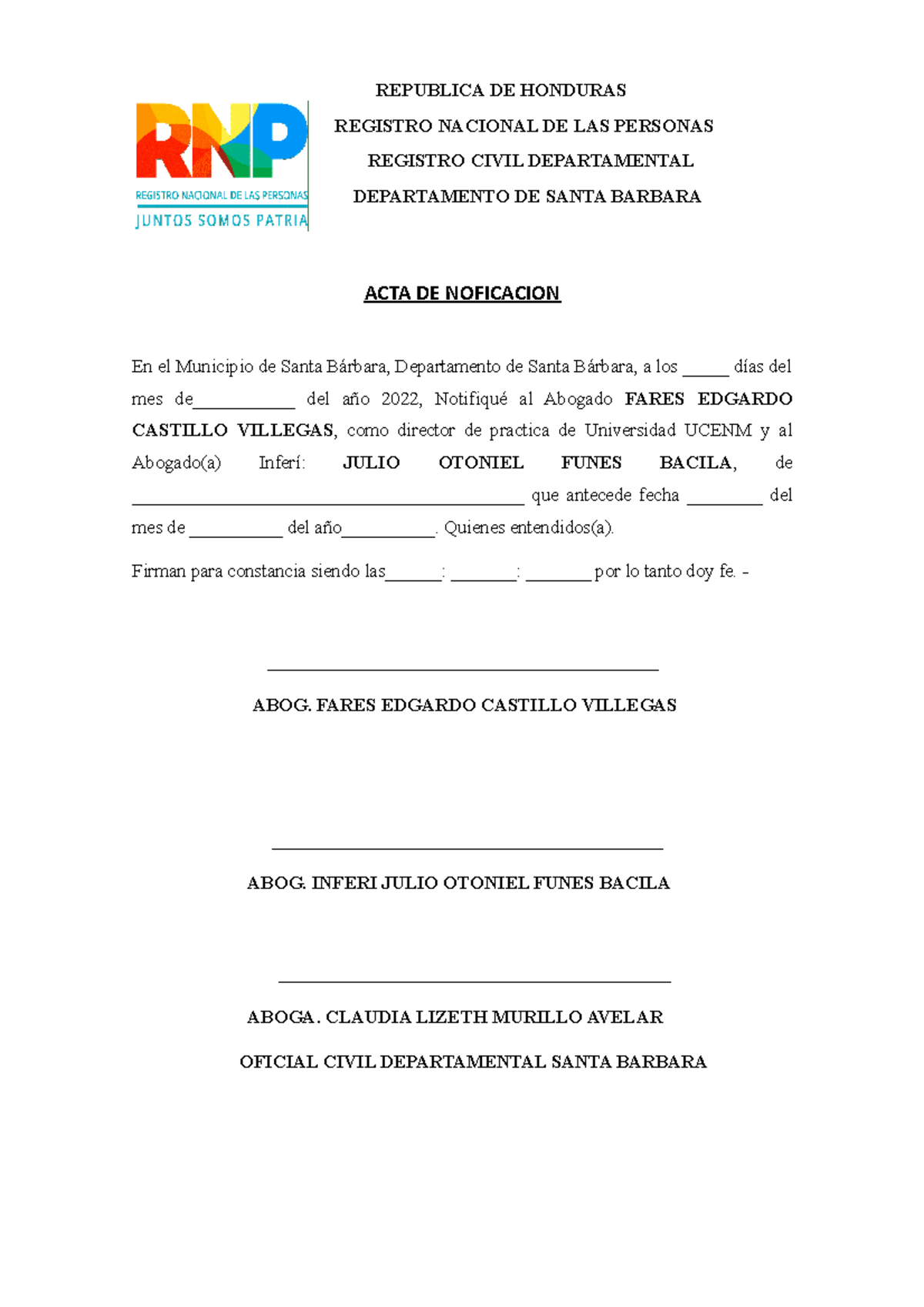 ACTA DE Notificacion RNP - REPUBLICA DE HONDURAS REGISTRO NACIONAL DE ...