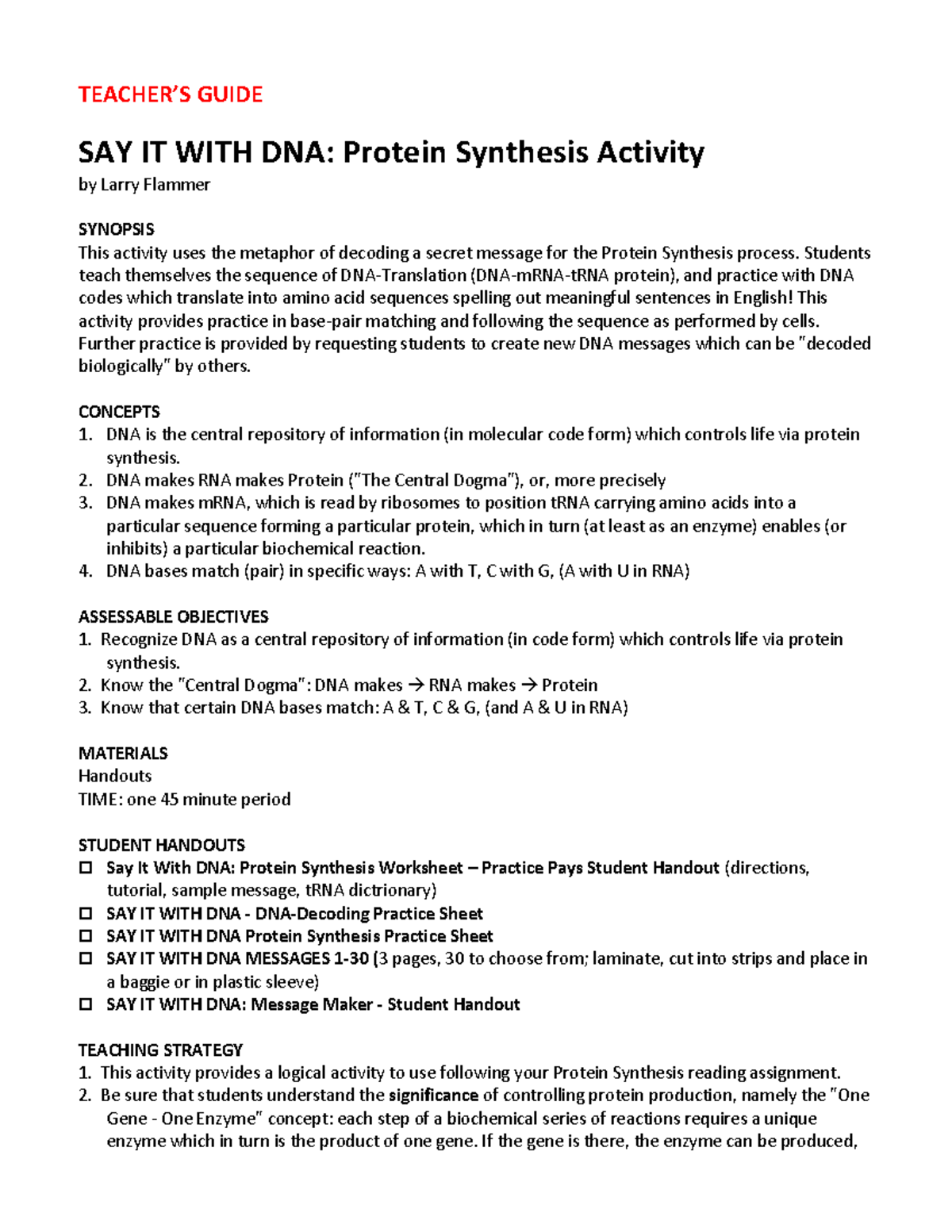 Say it with DNA - TEACHER’S GUIDE SAY IT WITH DNA: Protein Synthesis ...