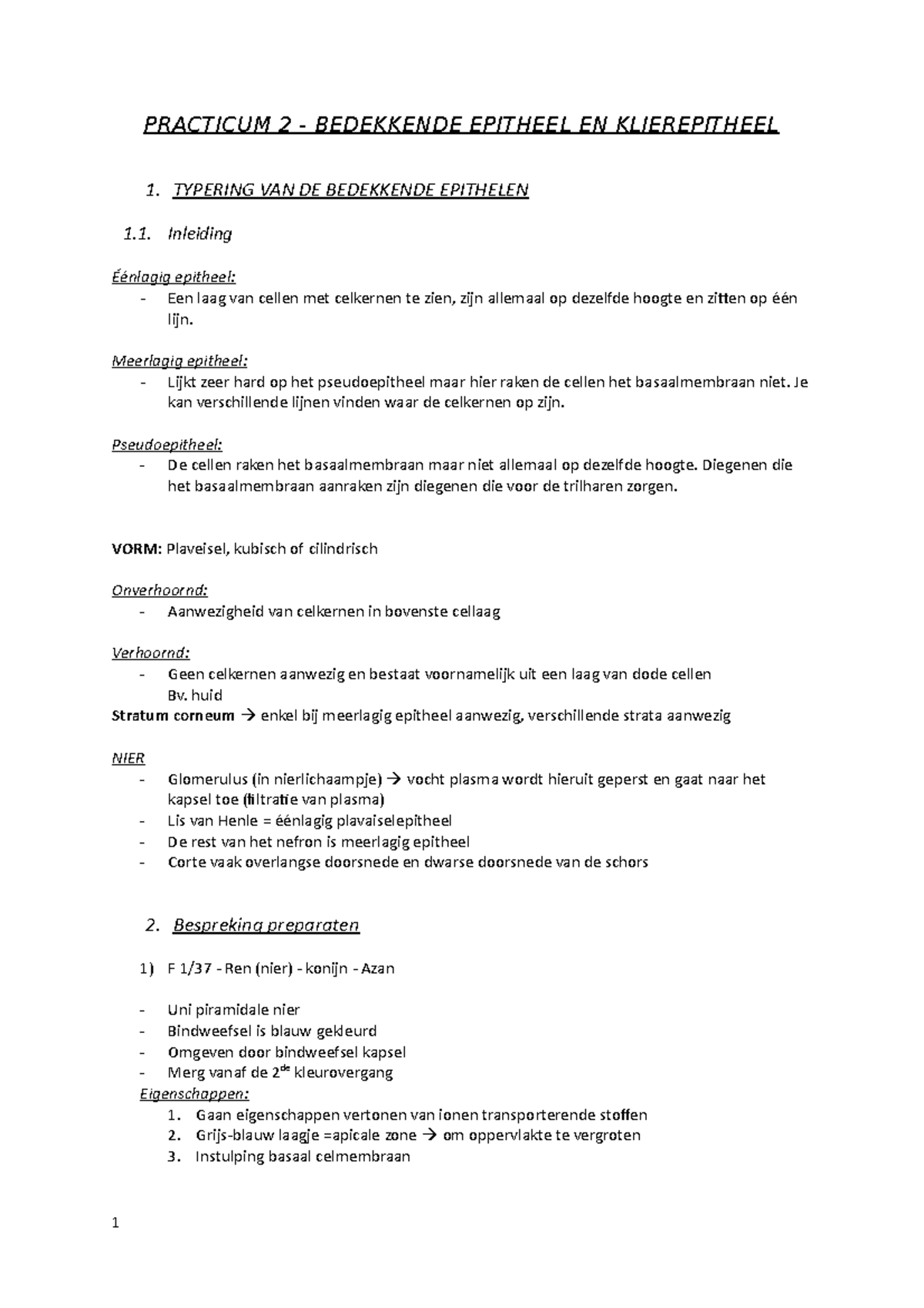 Practicum 2 - Bedekkende epithelen en klierepithelen - PRACTICUM 2 ...