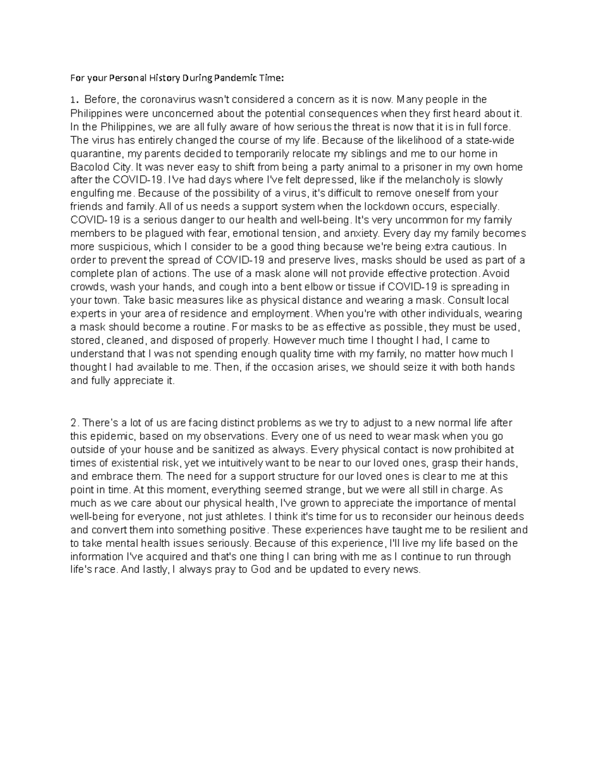 For your Personal History During Pandemic Time - For your Personal ...