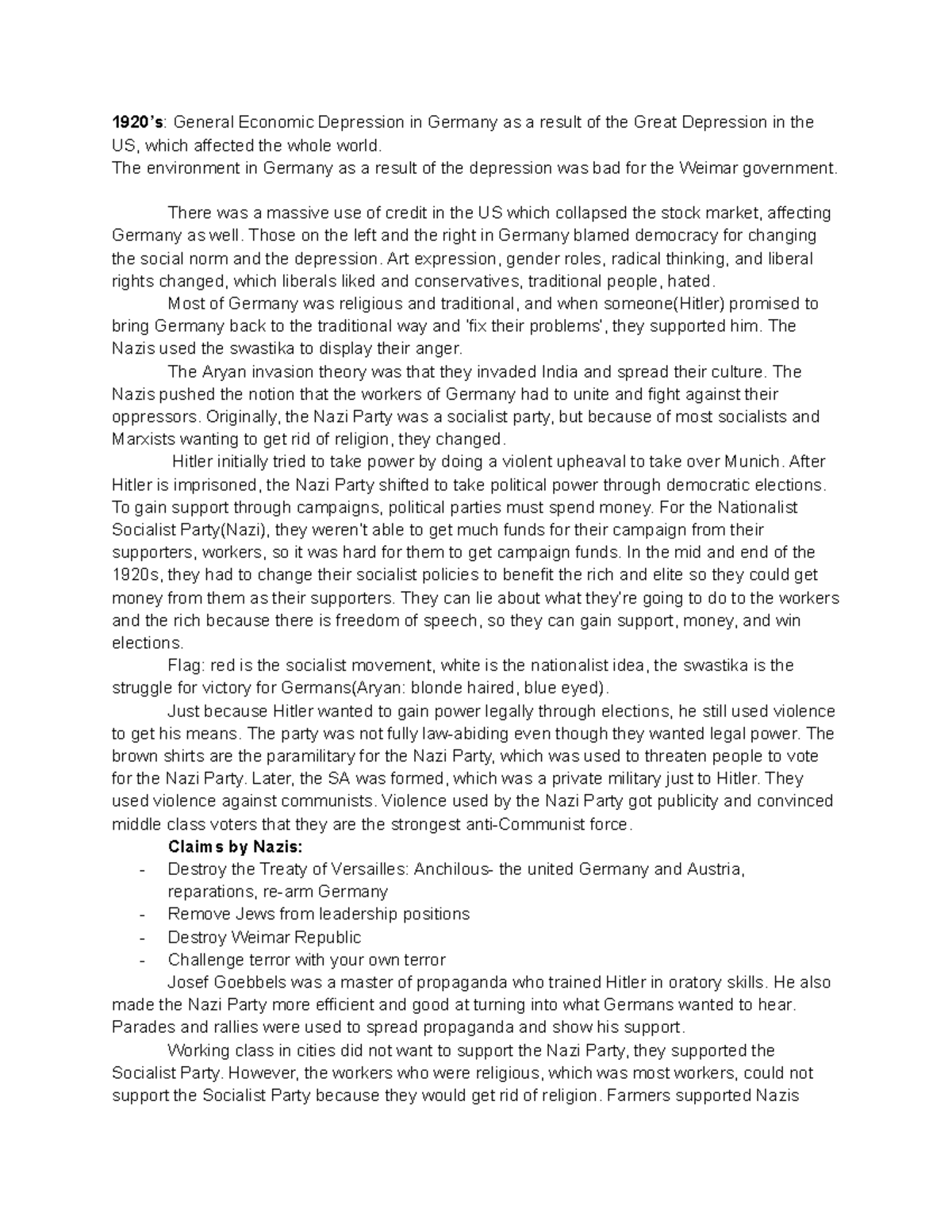 1920's Weimar and Hitler Notes - 1920’s: General Economic Depression in ...