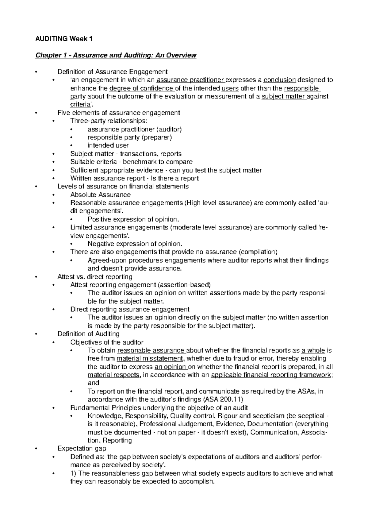 Lecture Notes Lectures 1 13 Full Semester Auditing Week 1 Chapter 1 Assurance And