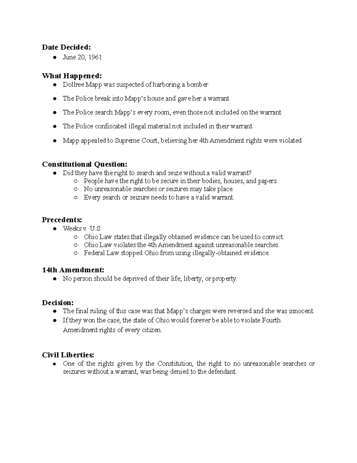 Mapp vs Ohio - Notes - Date Decided: June 20, 1961 What Happened ...