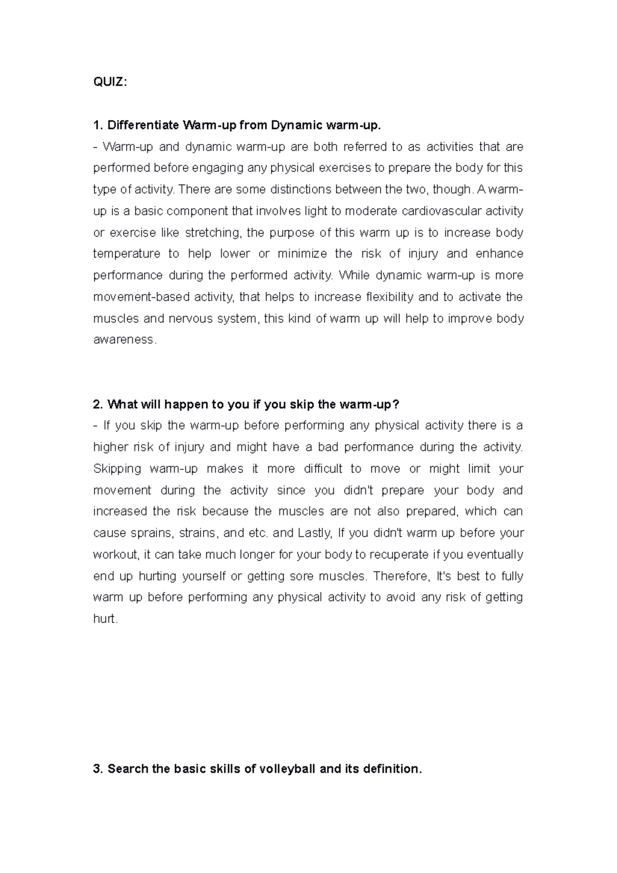 PE Assignment Quiz - QUIZ: Differentiate Warm-up from Dynamic warm-up ...