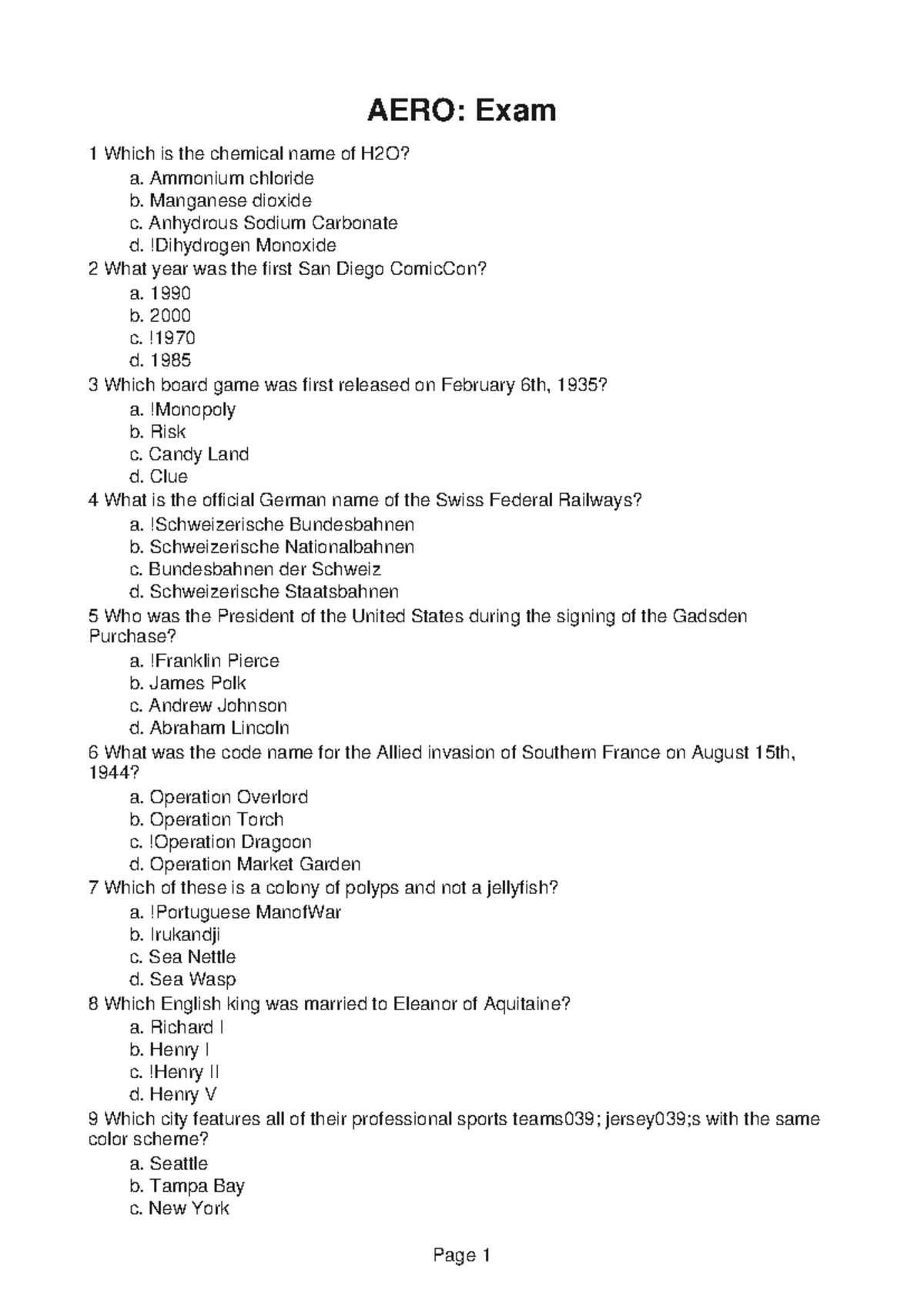 AERO258 info 7 - AERO: Exam 1 Which is the chemical name of H2O? a. Ammonium chloride b ...