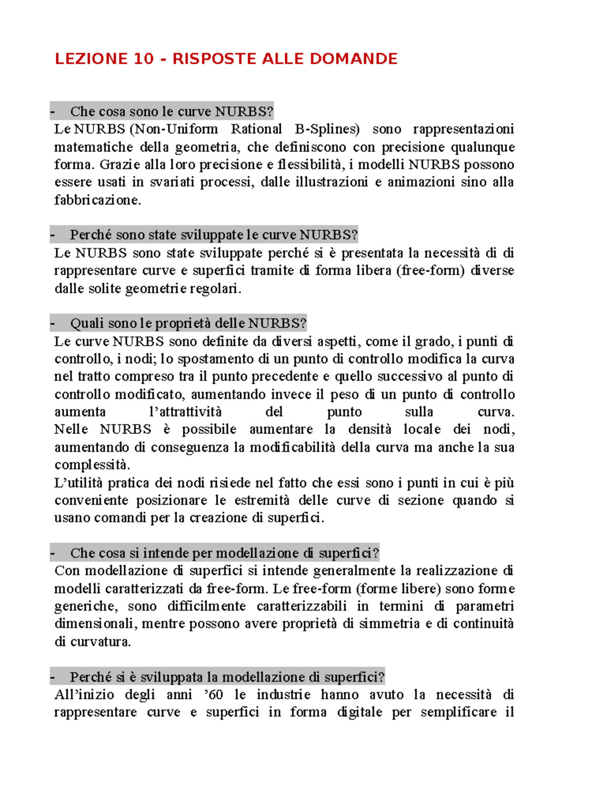 Lezione 10 - Risposte alle Domande - Computer Aided Design - Uniecampus - Studocu