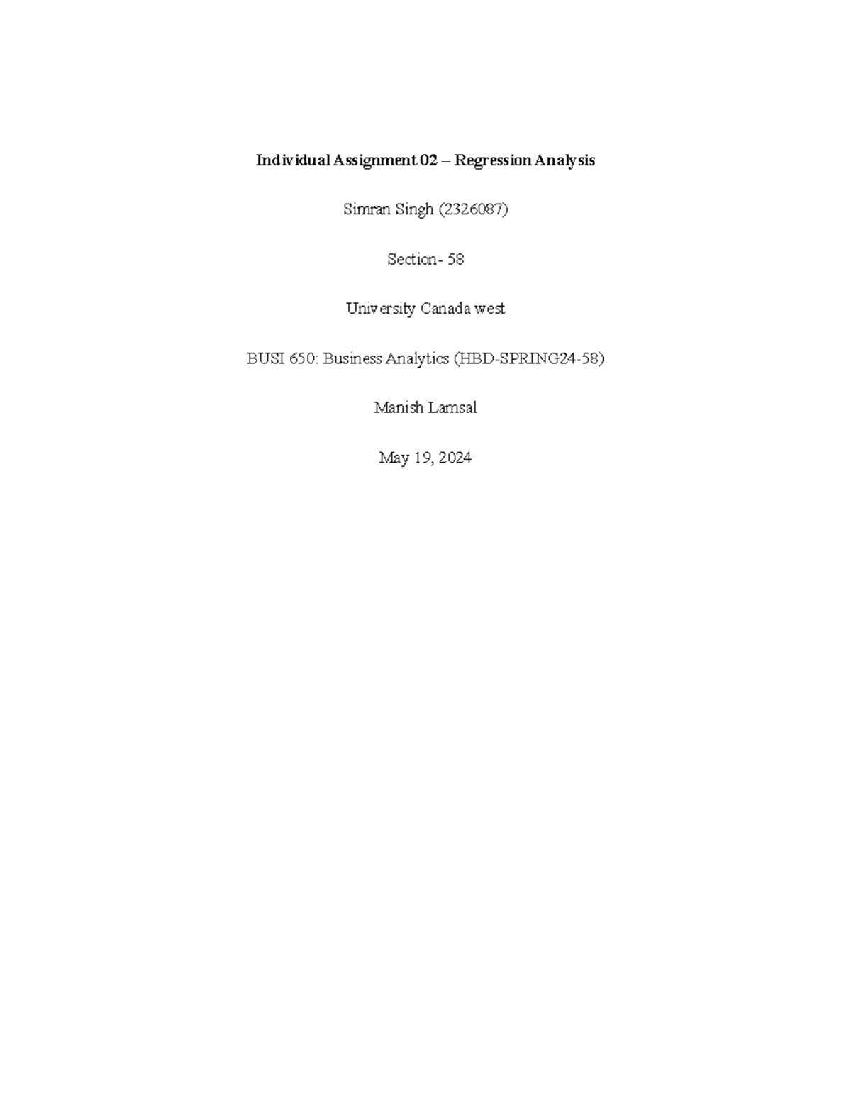 Individual Assignment 02- Regression - ####### Individual Assignment 02 – Regression Analysis ...