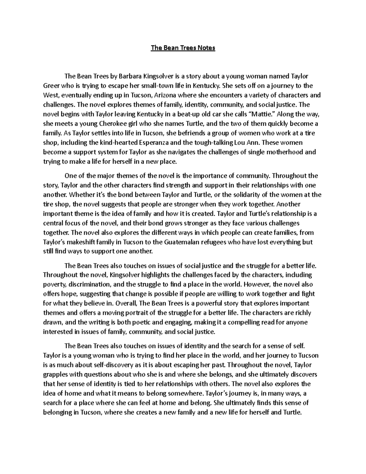 The Bean Trees Notes - She sets off on a journey to the West ...