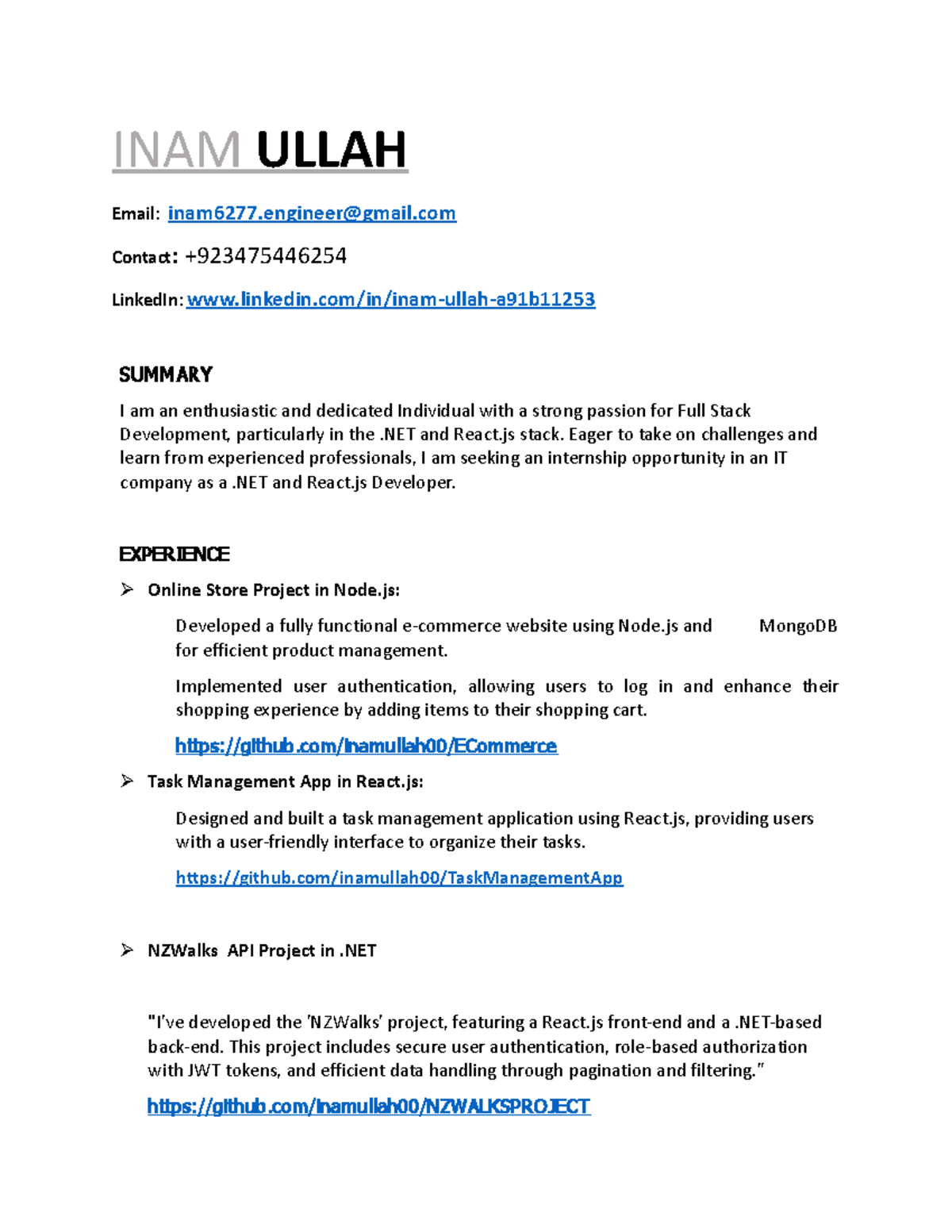 INAM Ullah Resume - INAM ULLAH Email: inam6277@gmail Contact: + LinkedIn: - Studocu