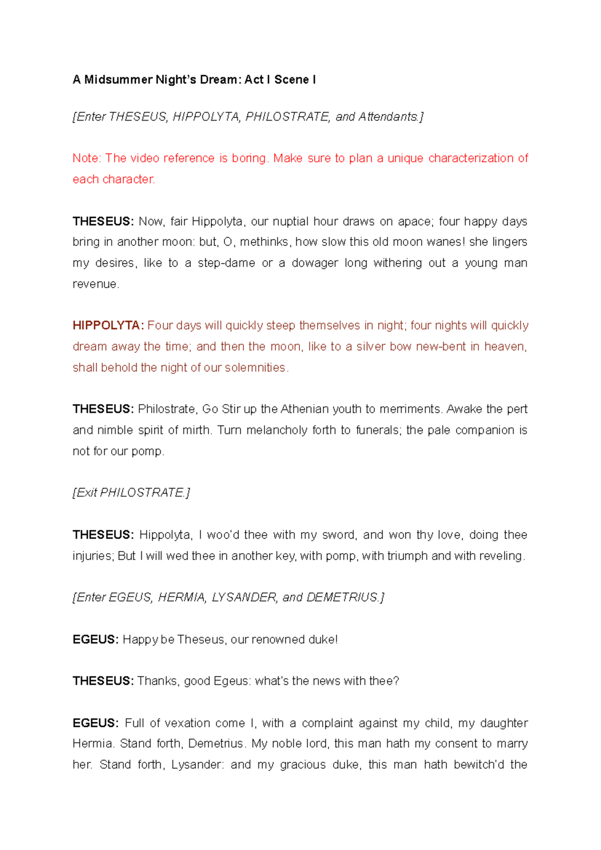 Act I Scene I A Midsummer Nights Dream - A Midsummer Night’s Dream: Act ...