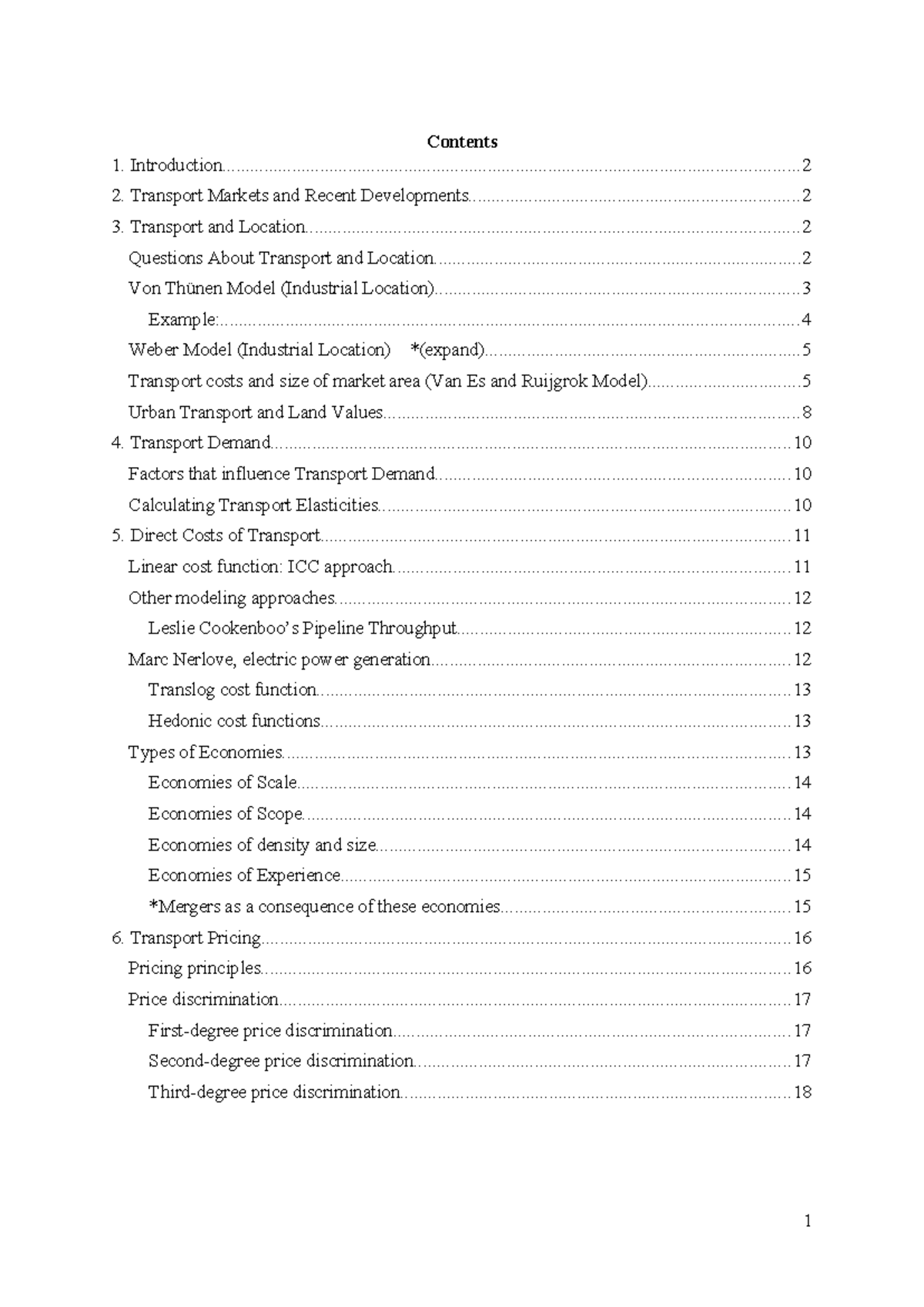 Transport Economics - Notes - Contents - Studocu