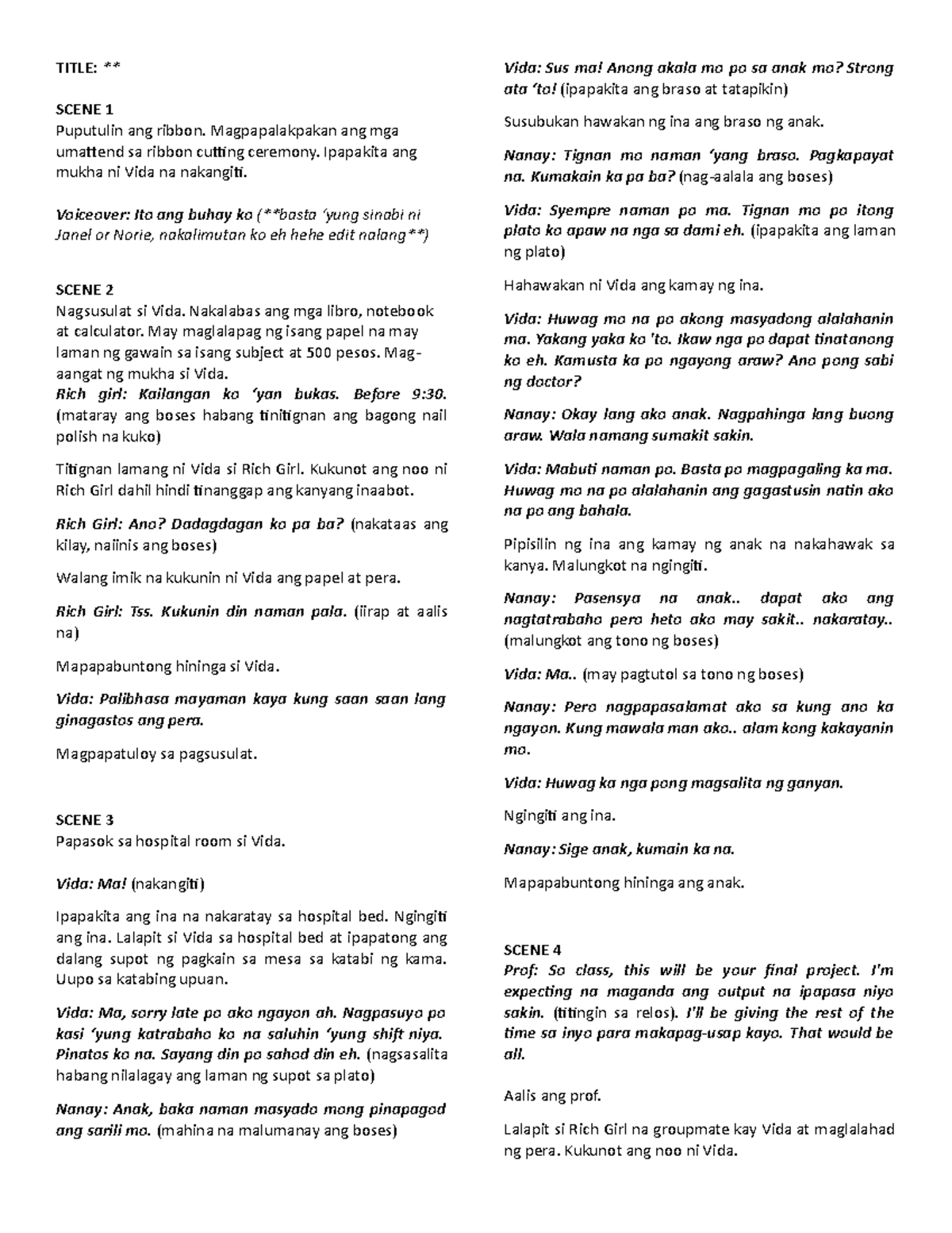 Script sa filmm - TITLE: ** SCENE 1 Puputulin ang ribbon ...