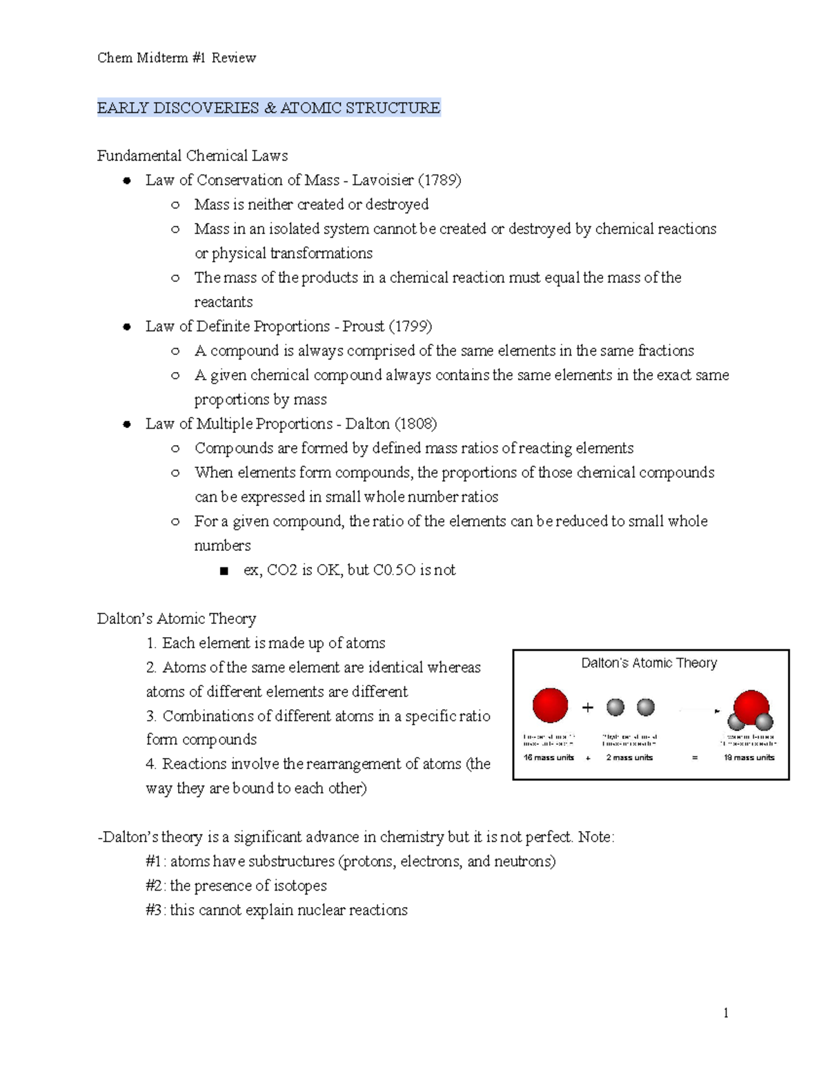 Chem 101 Midterm #1 Review - Chem Midterm #1 Review EARLY DISCOVERIES & ATOMIC STRUCTURE - Studocu