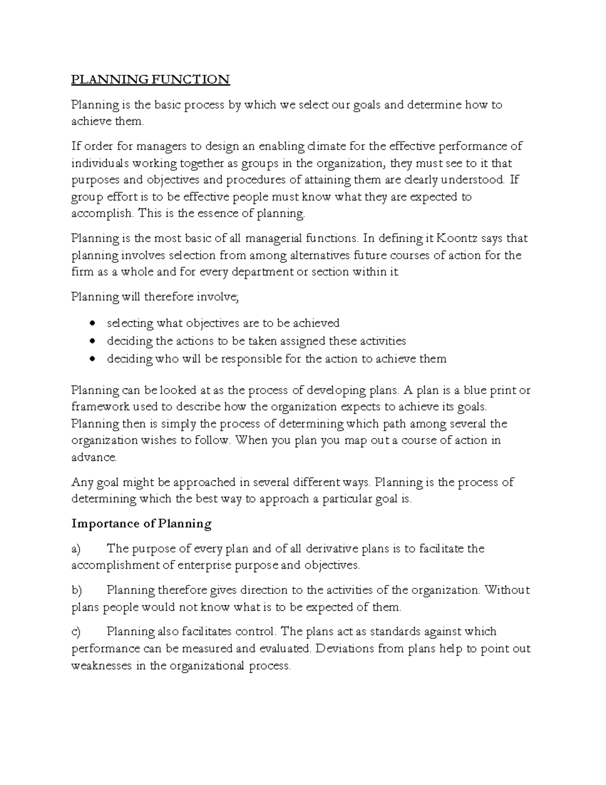 I. Planning function - PLANNING FUNCTION Planning is the basic process ...