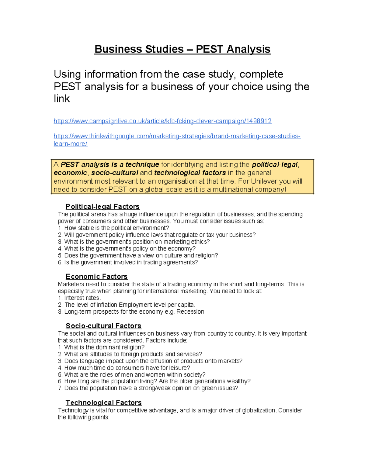 Pest-worksheet - unit 2 - Business Studies – PEST Analysis Using ...