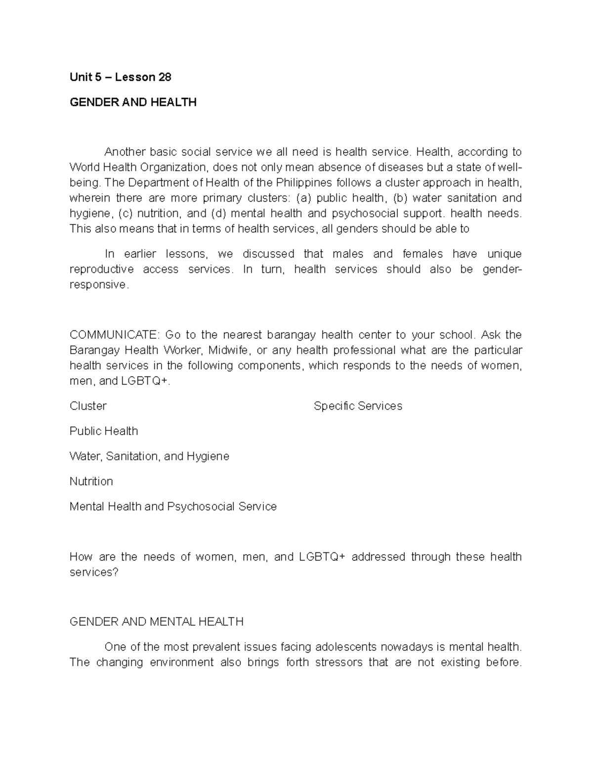 Gender and Health - Unit 5 – Lesson 28 GENDER AND HEALTH Another basic ...