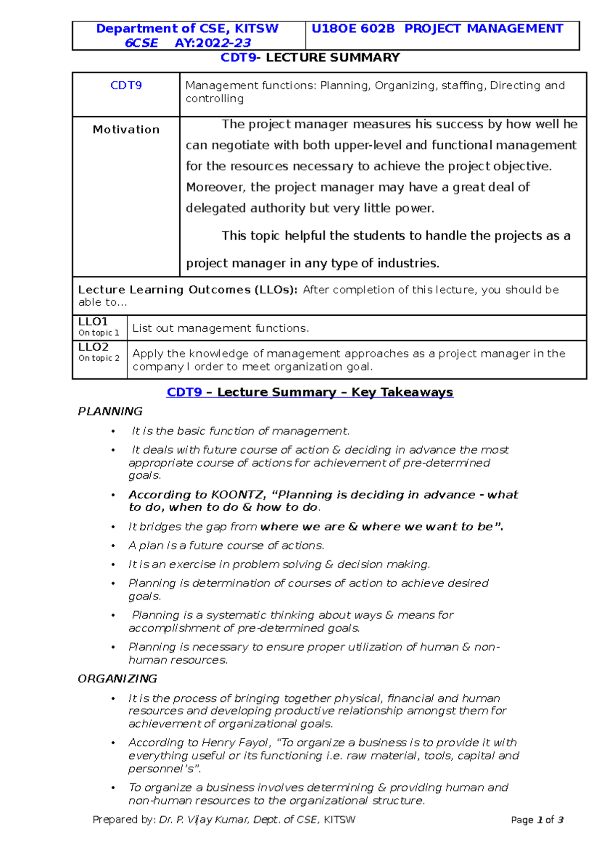Pm W3 Cdt9 Summary 6cse 2022 23 Department Of Cse Kitsw 6cse Ay2022 U18oe 602b Project