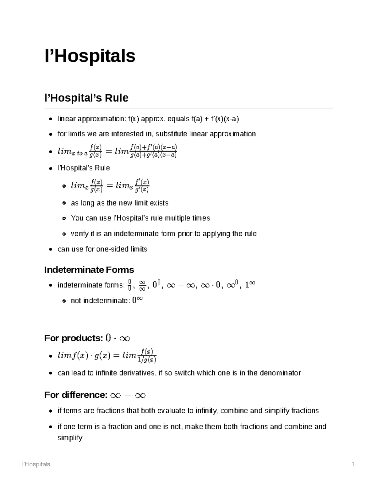 L'Hospitals Rule - l’Hospitals 1 l’Hospitals l’Hospital’s Rule linear ...