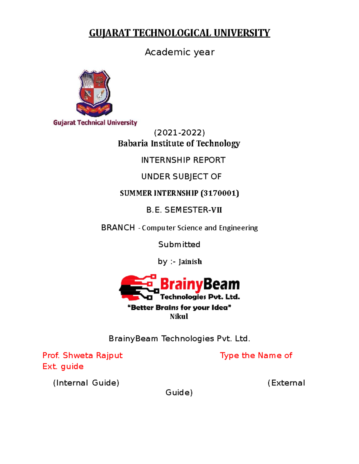 Reference Internship Report - GUJARAT TECHNOLOGICAL UNIVERSITY Academic ...
