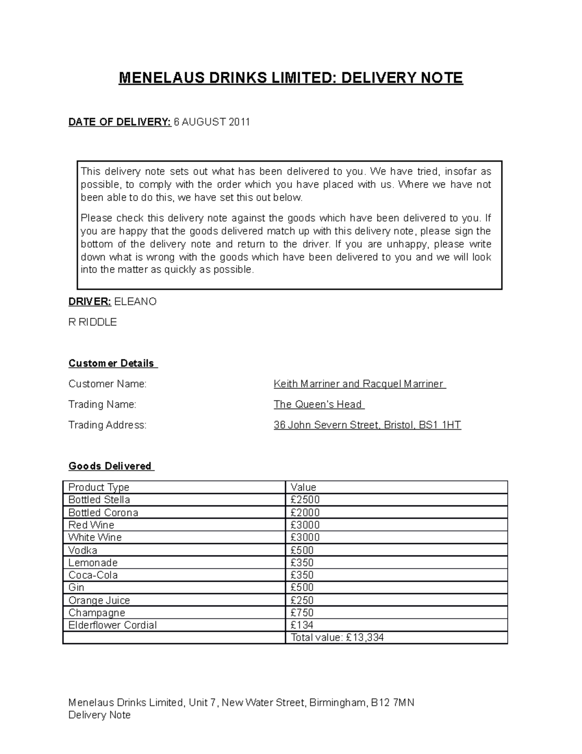 Delivery note 6 August 2011 - MENELAUS DRINKS LIMITED: DELIVERY NOTE ...