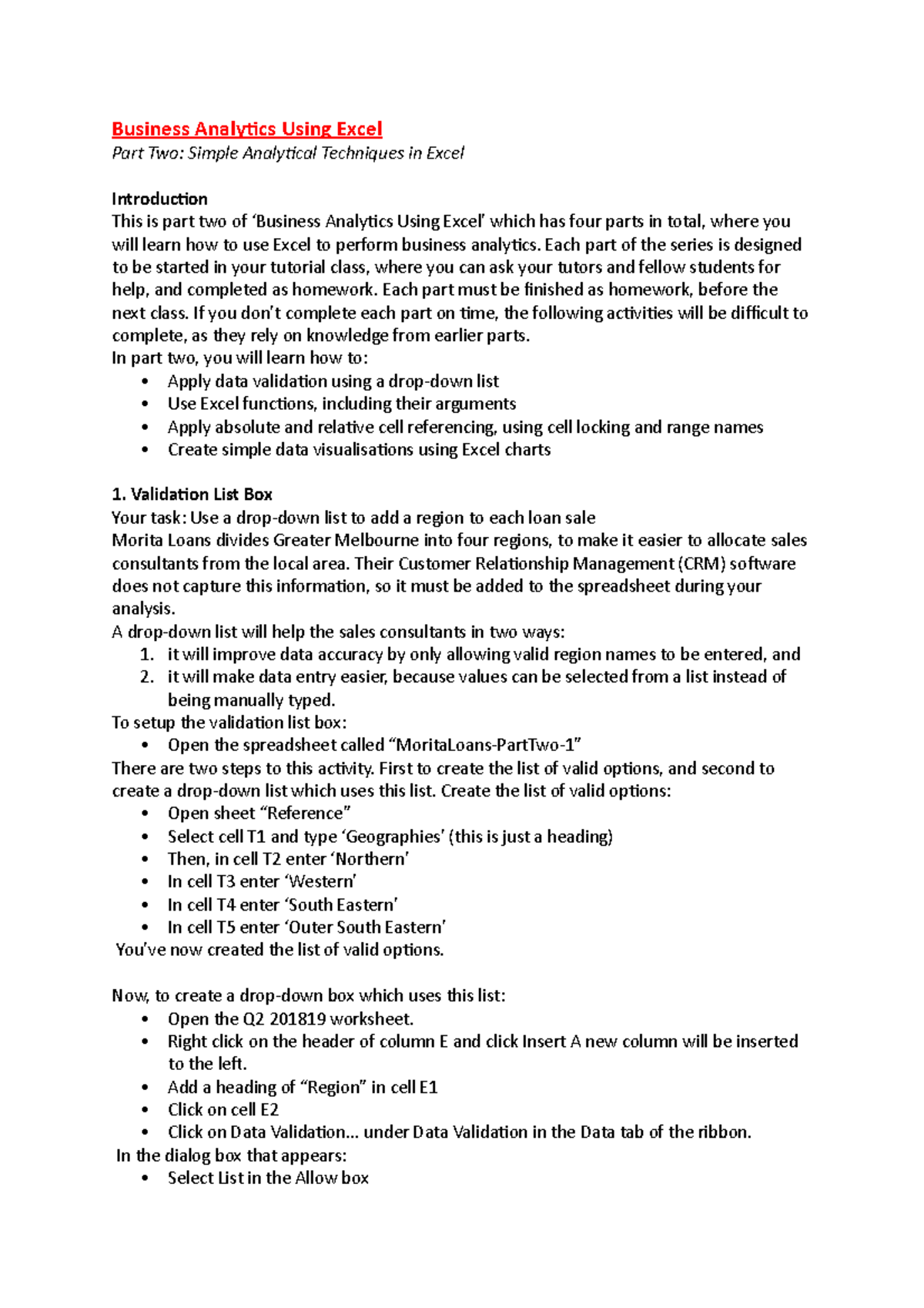 Part Two practical - Simple Analytical Techniques in Excel - Business Analytics Using Excel Part ...