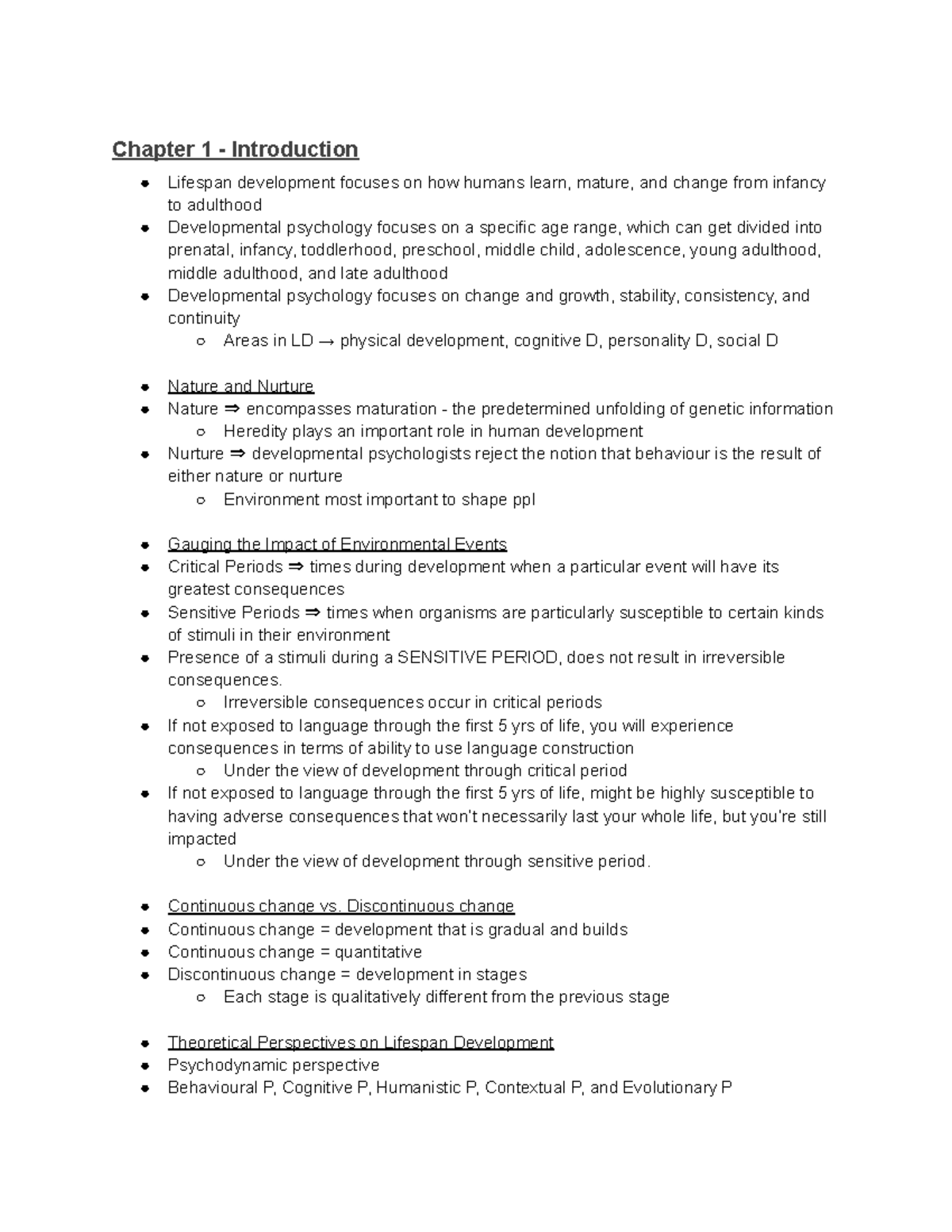 Psych 223 - notes - Chapter 1 - Introduction Lifespan development ...