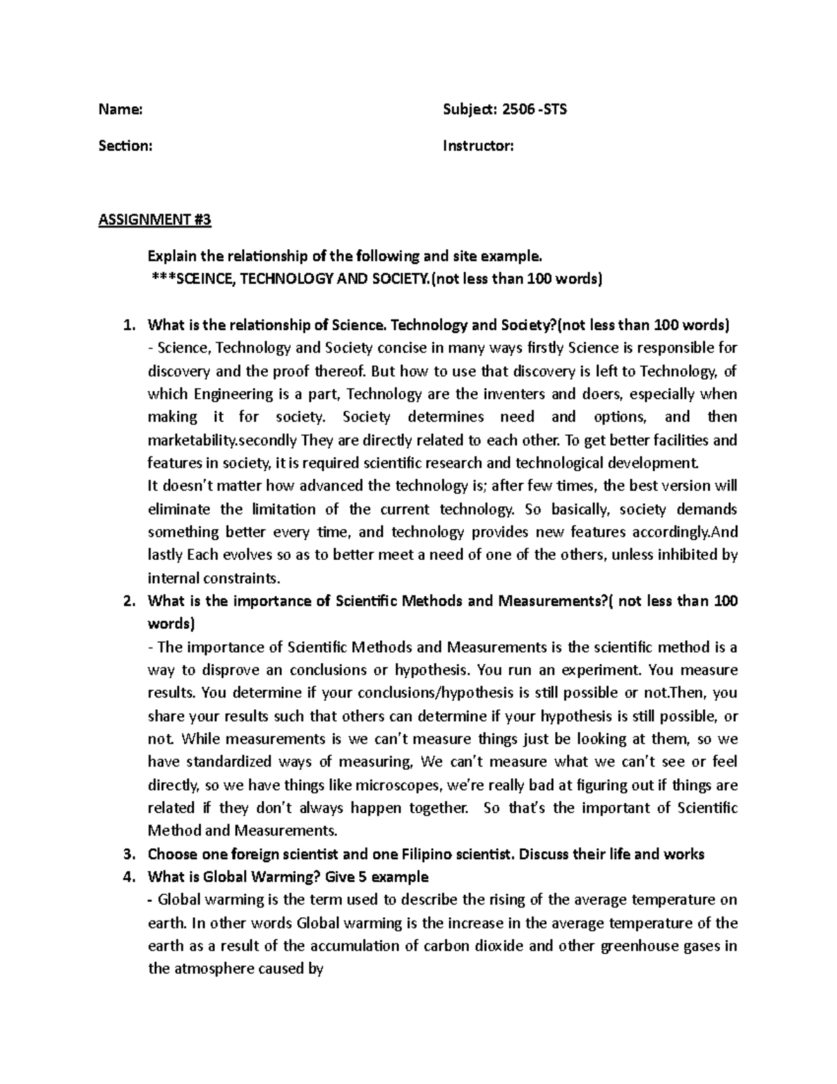 Assignment #3 (STS) - Name: Section: Subject: 2506 -STS Instructor: ASSIGNMENT Explain the - Studocu